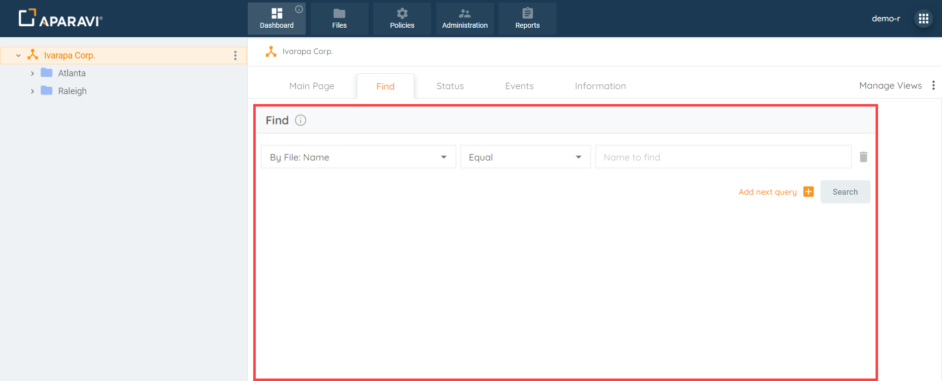 Dashboard Find Subtab – Aparavi Support
