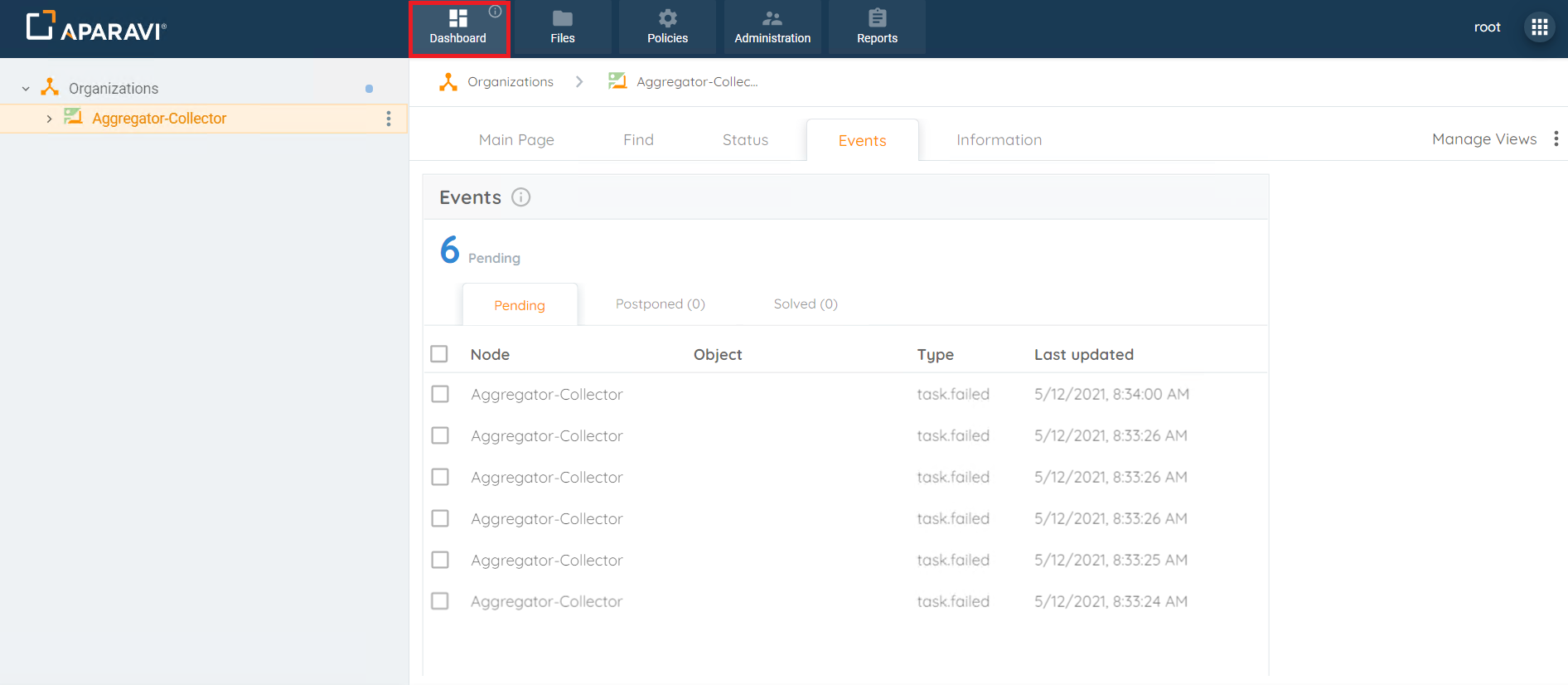 Dashboard Events Subtab – Aparavi Support