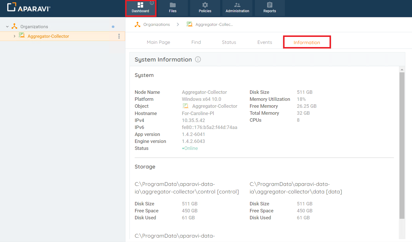 Dashboard Information Subtab – Aparavi Support