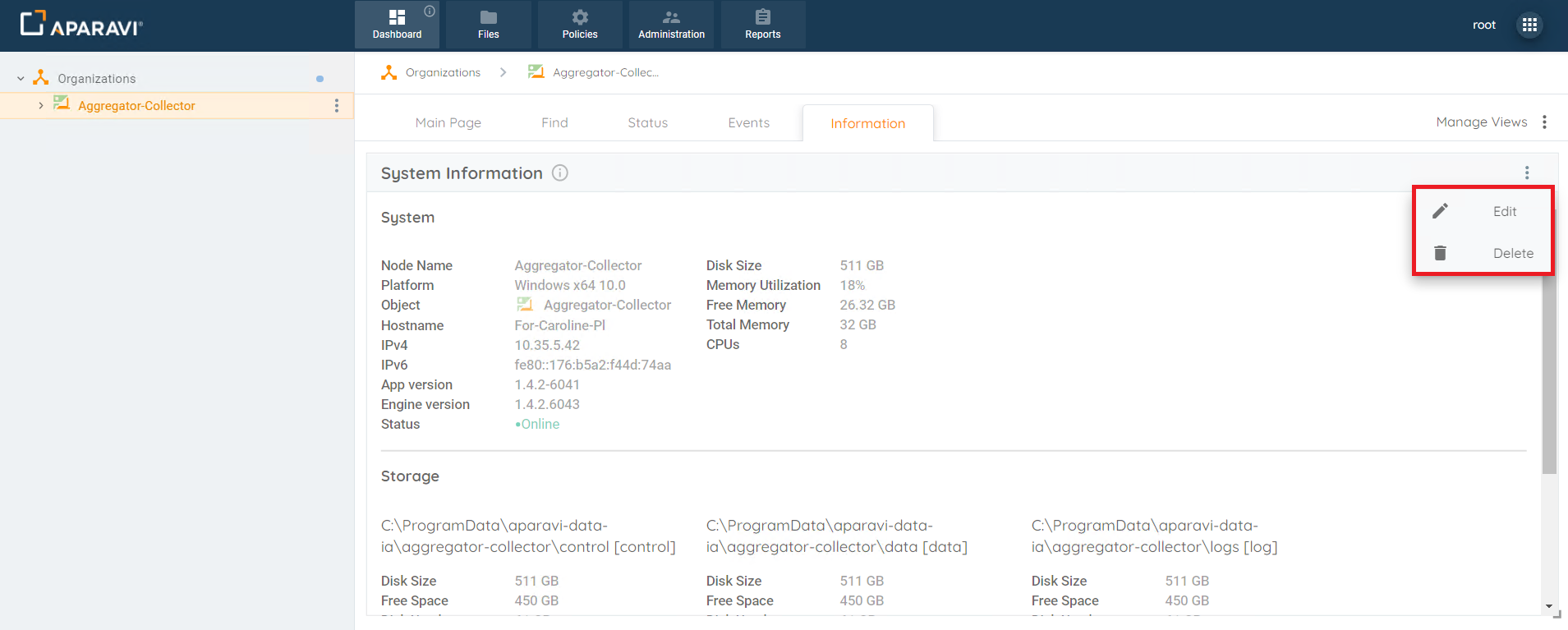 Dashboard information subtab – Aparavi Support