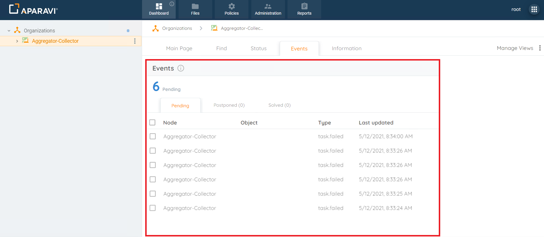 Dashboard Events Subtab – Aparavi Support