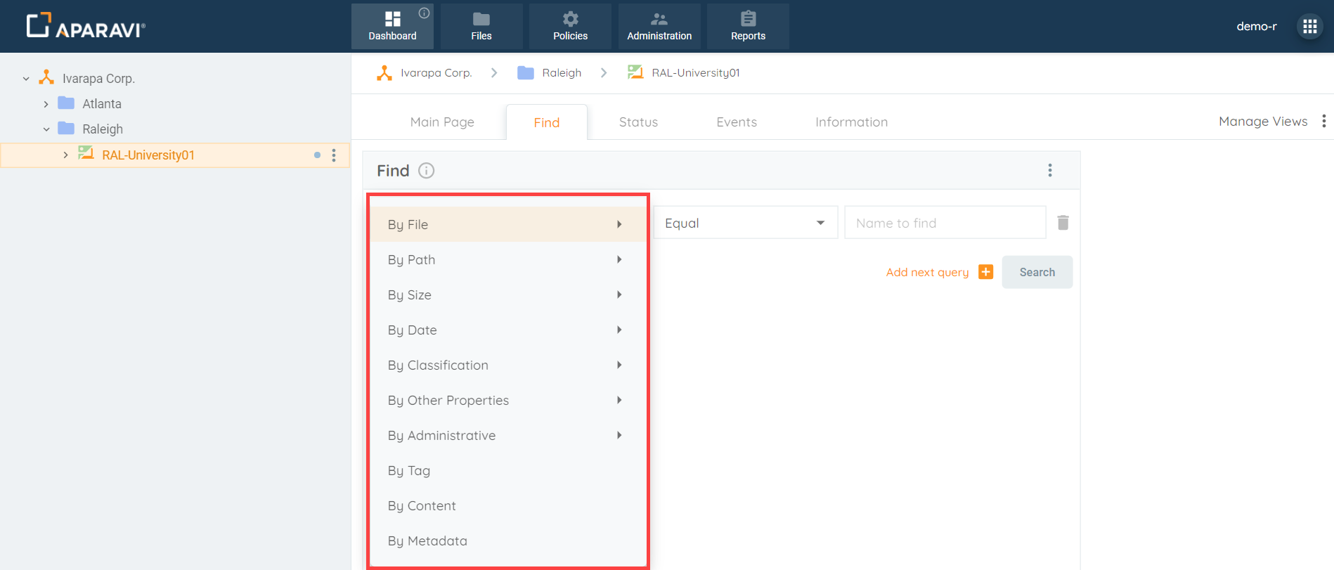 Dashboard Find Subtab – Aparavi Support