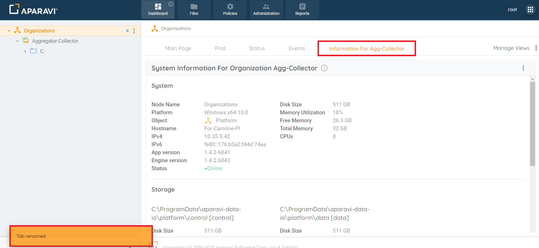 Dashboard information subtab – Aparavi Support