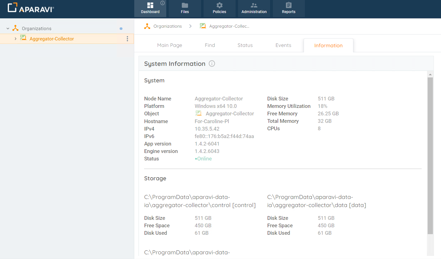Dashboard Information Subtab – Aparavi Support