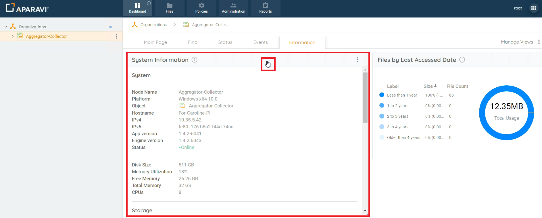 Dashboard Information Subtab – Aparavi Support