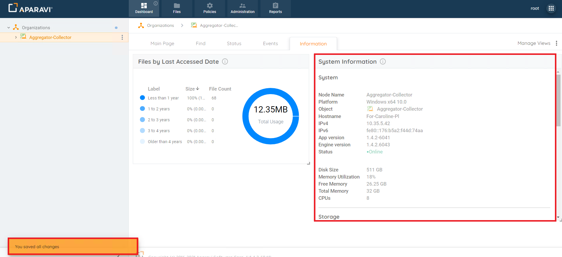 Dashboard Information Subtab – Aparavi Support