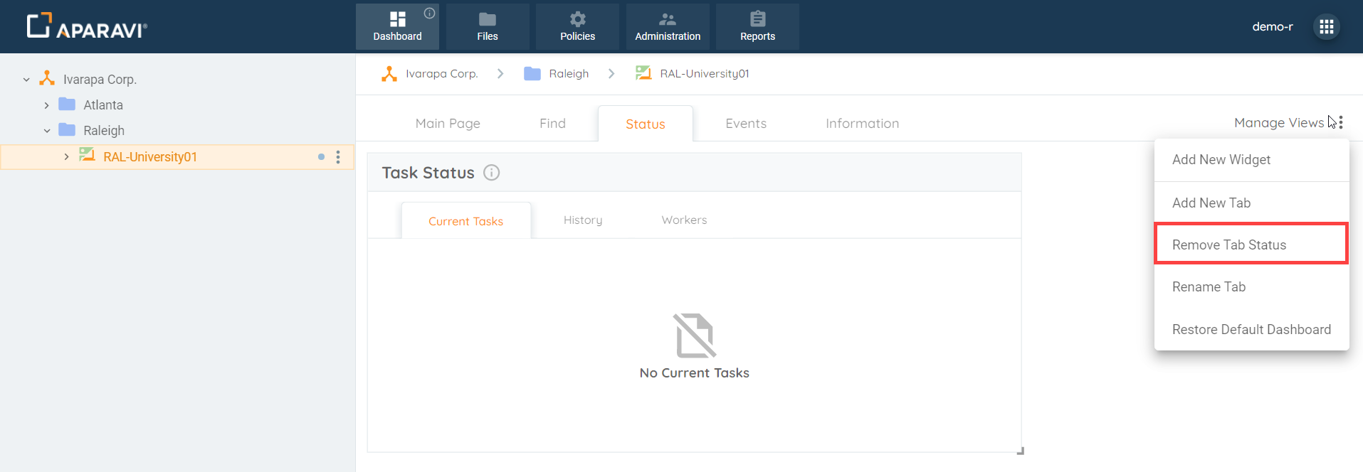 Dashboard Status Subtab – Aparavi Support