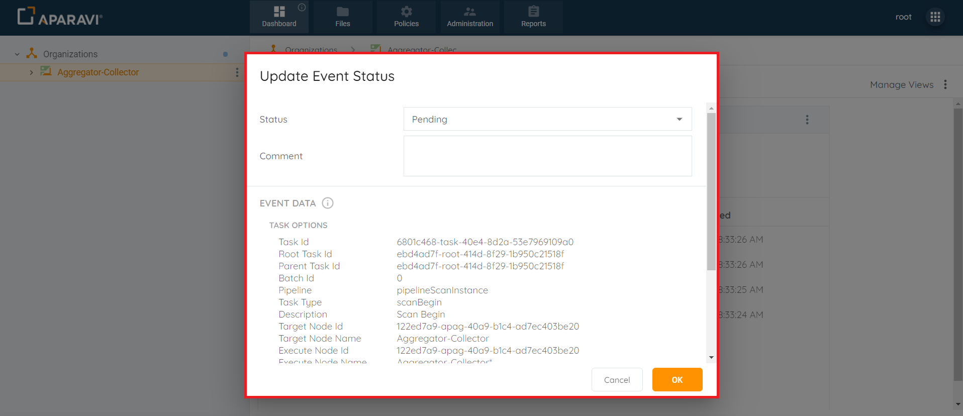 Dashboard Events Subtab – Aparavi Support
