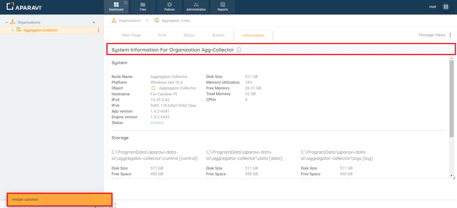 Dashboard information subtab – Aparavi Support