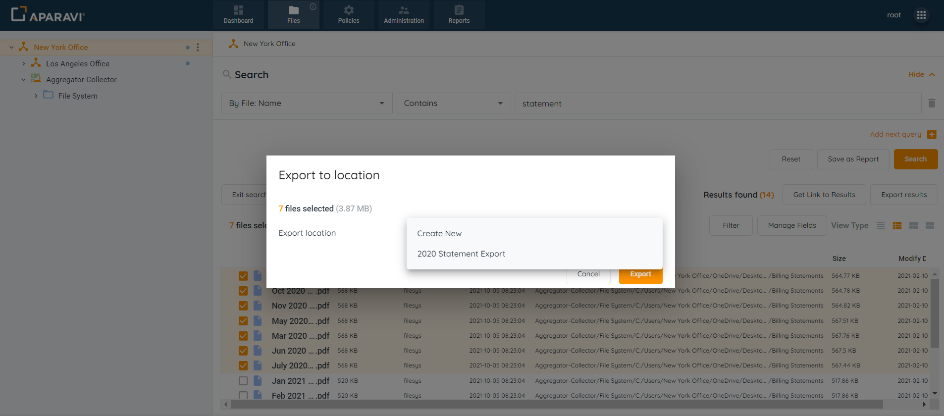 Manually Exporting Files by Select – Aparavi Support